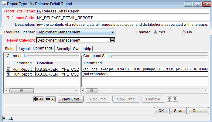 Configure commands for report types